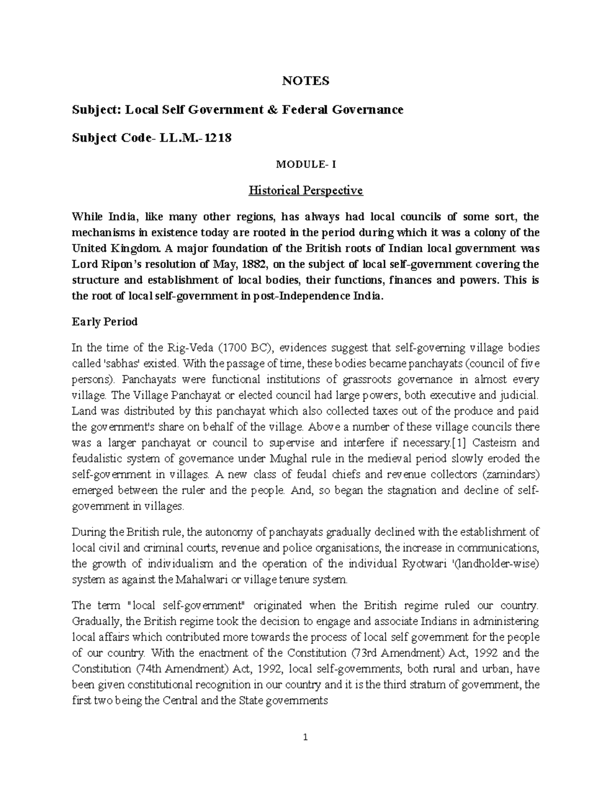 Local SELF GOVT - good and unit wise notes covering each topic - NOTES ...