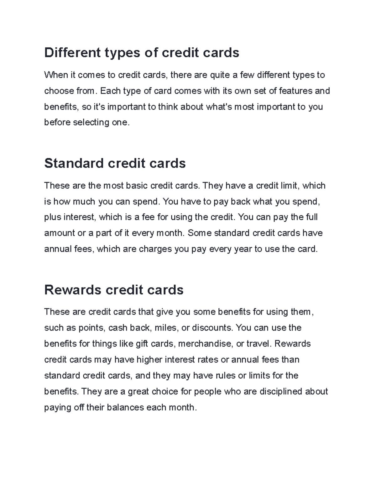 Different types of credit cards - Each type of card comes with its own ...