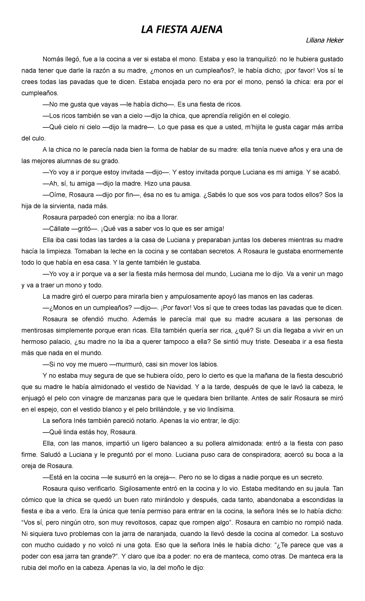 LA Fiesta Ajena, de Liliana Heker - LA FIESTA AJENA Liliana Heker Nomás ...