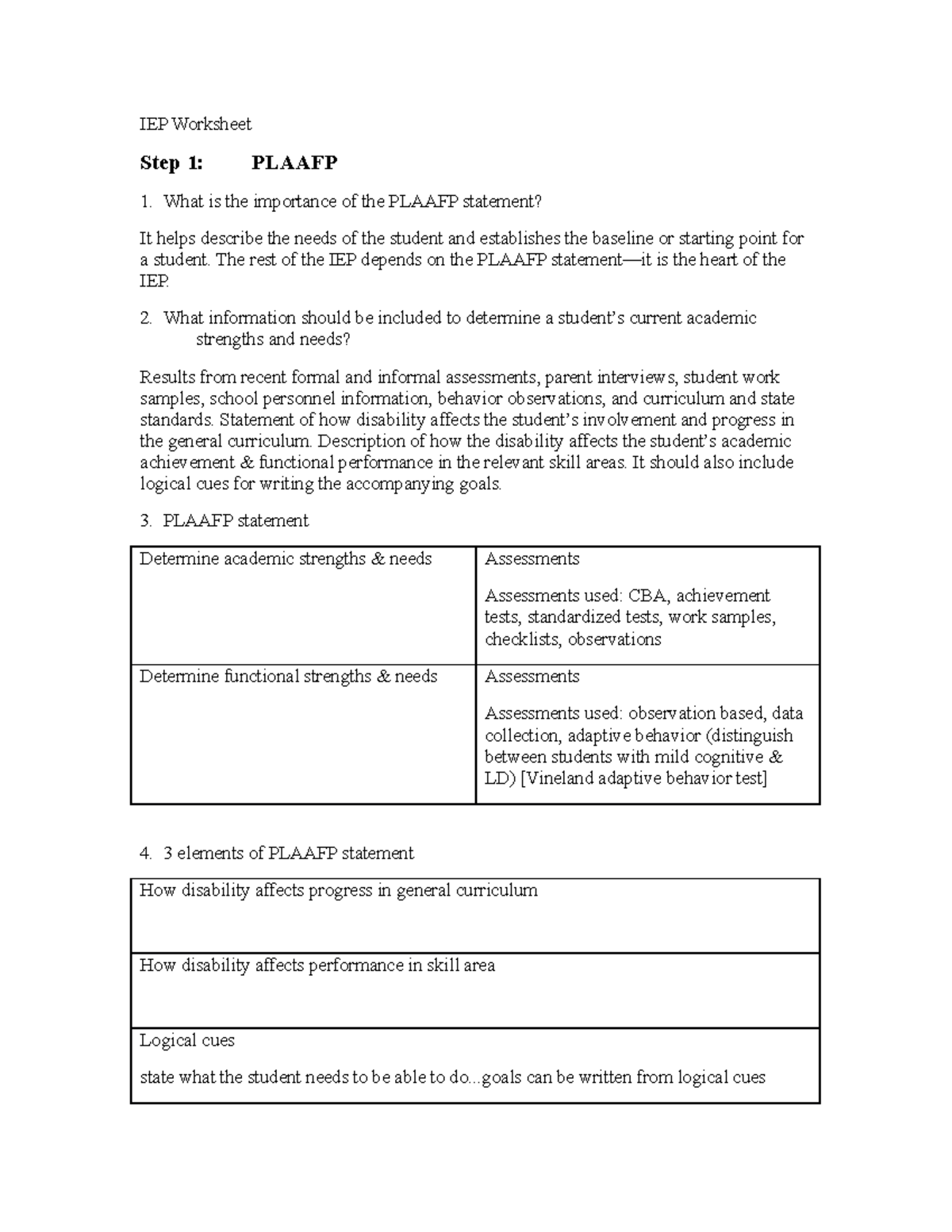 IEPWorksheet - Study Guide for IEP - IEP Worksheet Step 1: PLAAFP 1 ...
