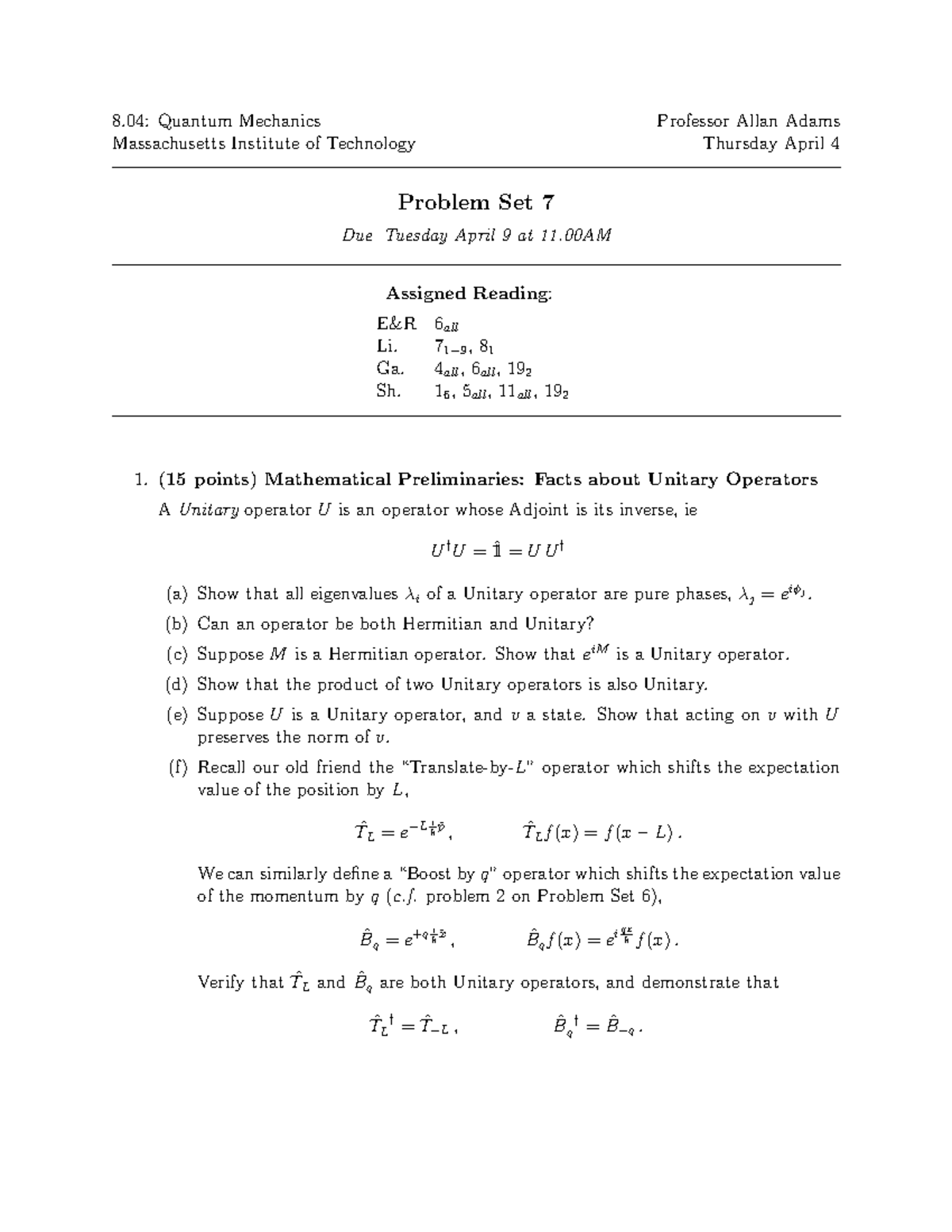 Quantum mechanics problem sets very very important - 8: Quantum ...