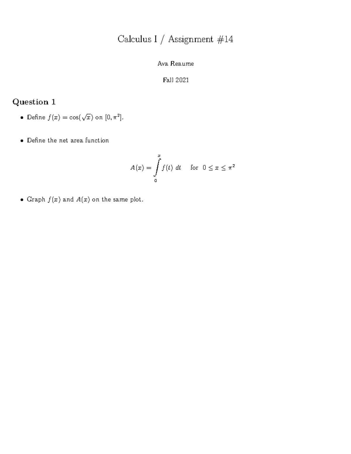 Assignment 14 Calculus Homework Example Calculus I Assignment Ava Reaume Fall 2021