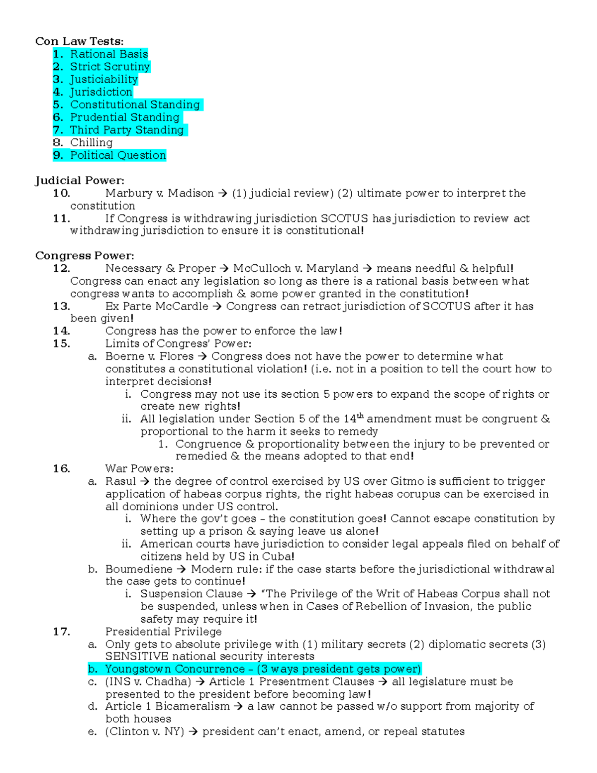 Con Law I Outline 2020 - Con Law Tests: 1. Rational Basis 2. Strict ...