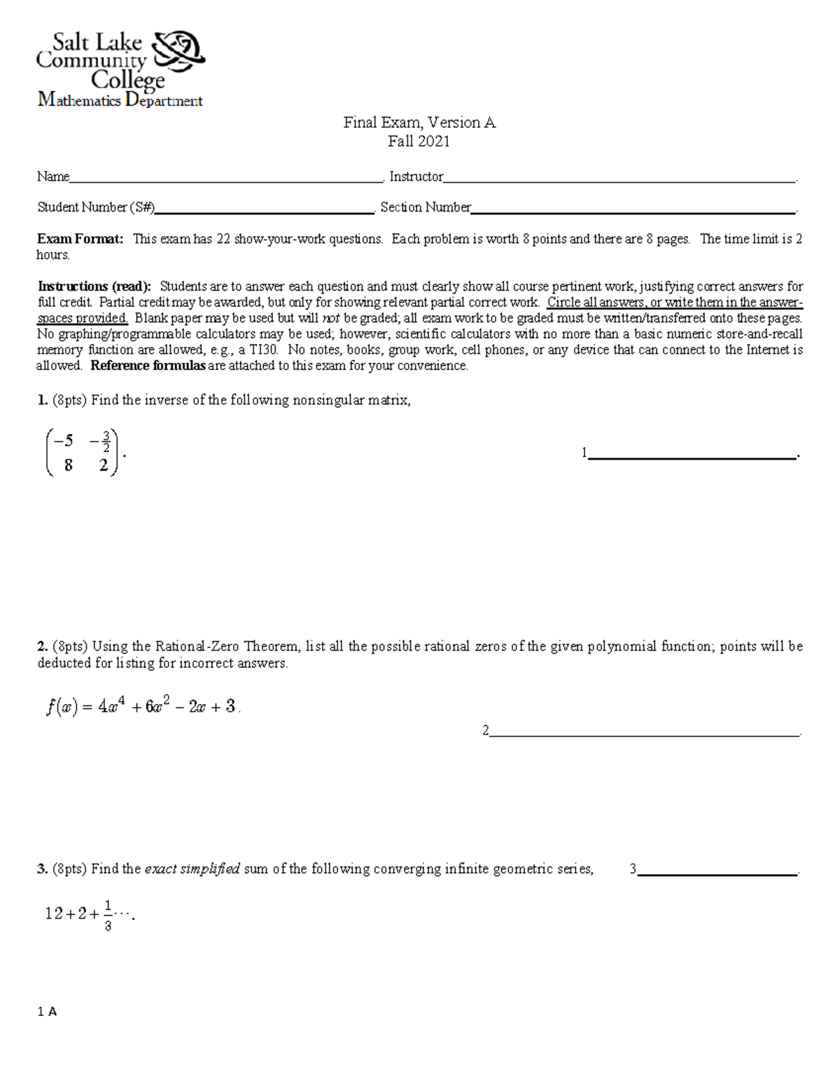 M1050 Final Exam Version A Fall 2021 - Final Exam, Version A Fall 2021 ...