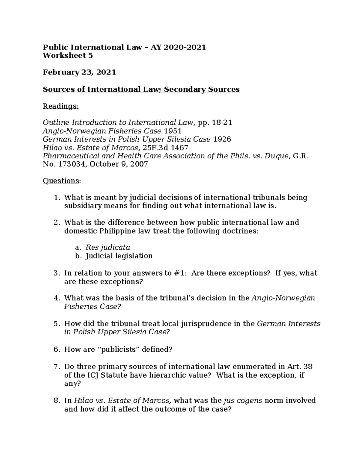 Worksheet 5 - Week 5 - Public International Law – AY 2020- Worksheet 5 ...