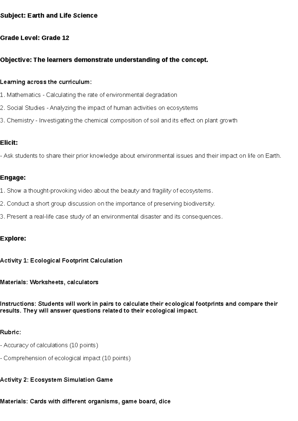 Lesson plan - Subject: Earth and Life Science Grade Level: Grade 12 ...
