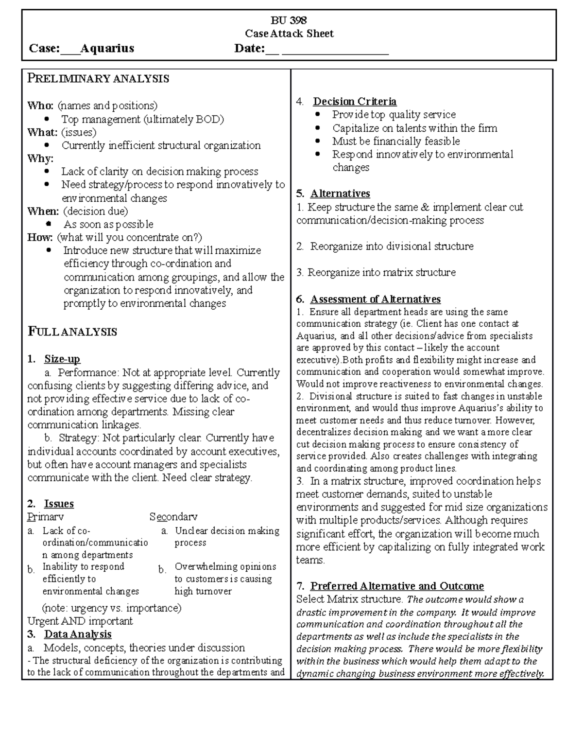 BU398 Case Attack Sheet Aquarius Advertising - PRELIMINARY ANALYSIS Who ...