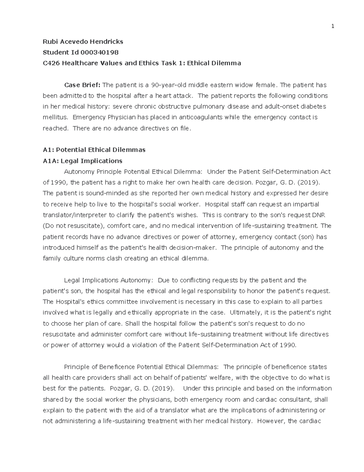 C426 Healthcare Values and Ethics - Rubi Acevedo Hendricks Student Id ...