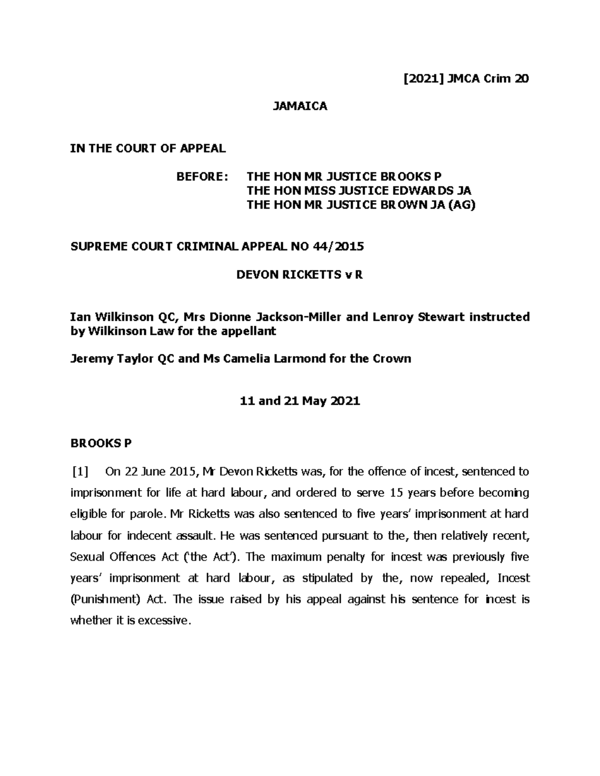 Ricketts (Devon) v R case for incest - [20 21 ] JMCA Crim 20 JAMAICA IN ...