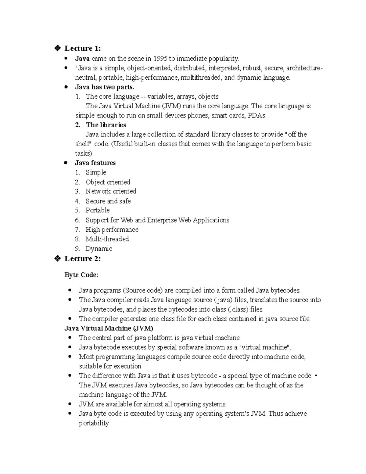 Cs506 notes - Lecture 1: Java came on the scene in 1995 to immediate ...