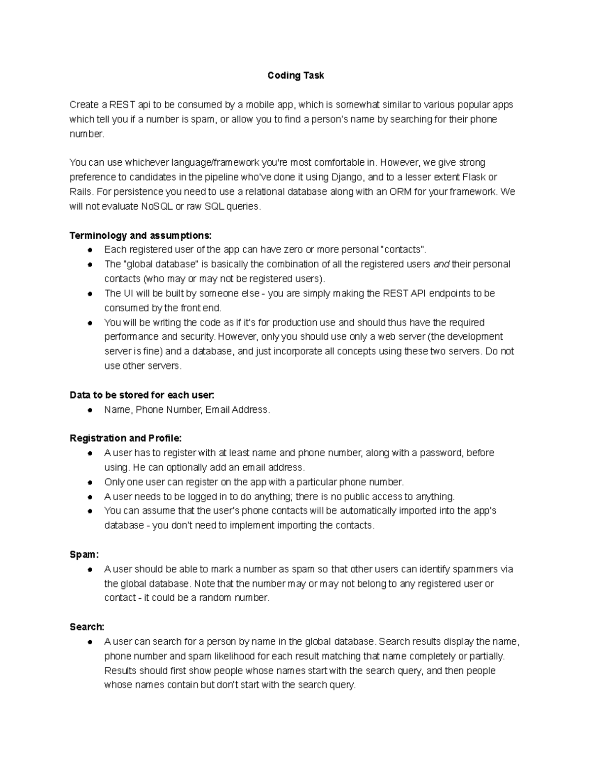 Coding Task - Coding Task Create a REST api to be consumed by a mobile ...