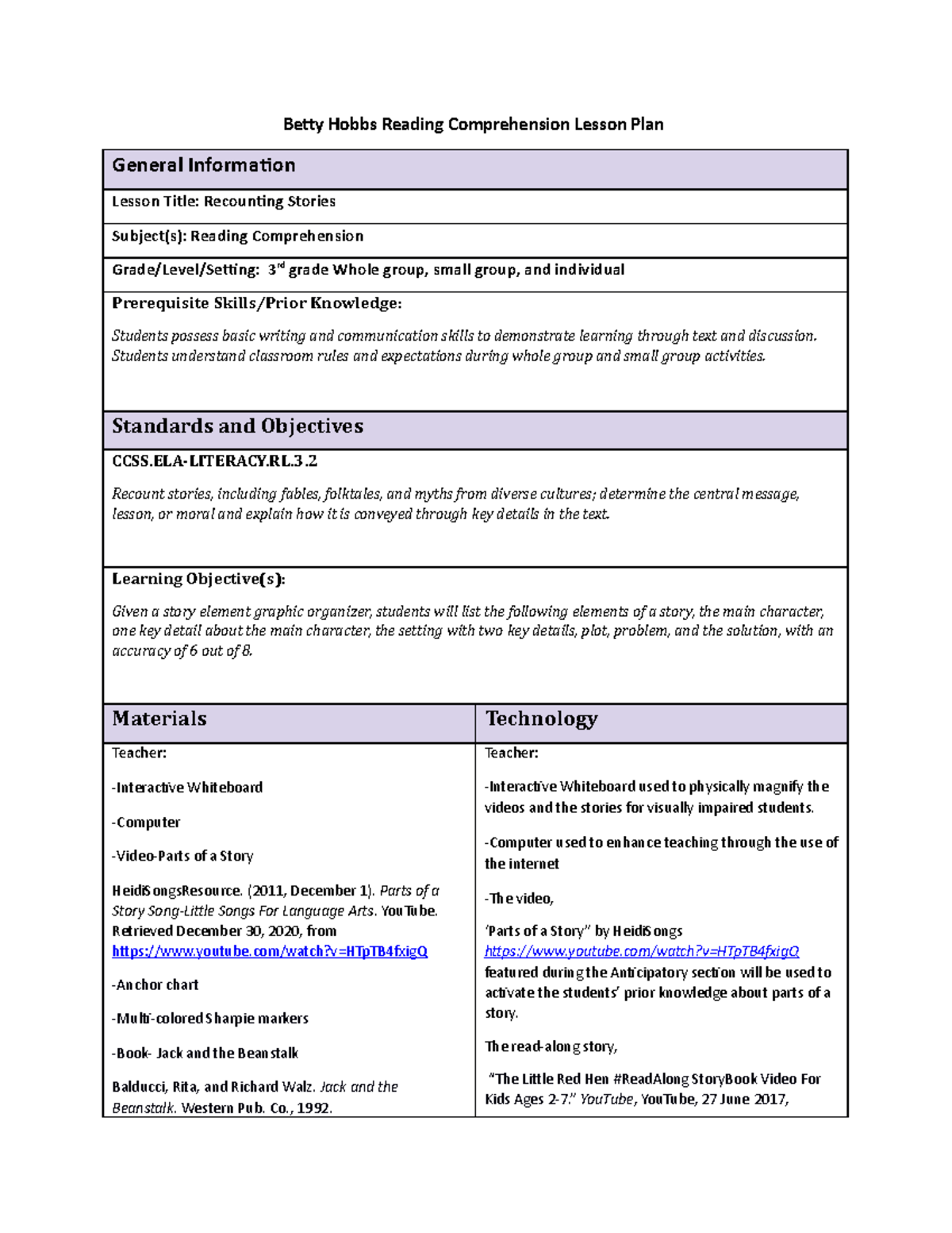 Betty Hobbs Reading Methods Lesson Plan - Betty Hobbs Reading ...
