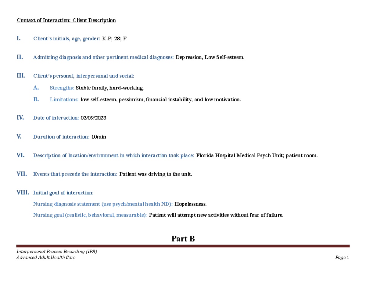 IPR - Interpersonal Process Recording - Context of Interaction: Client ...