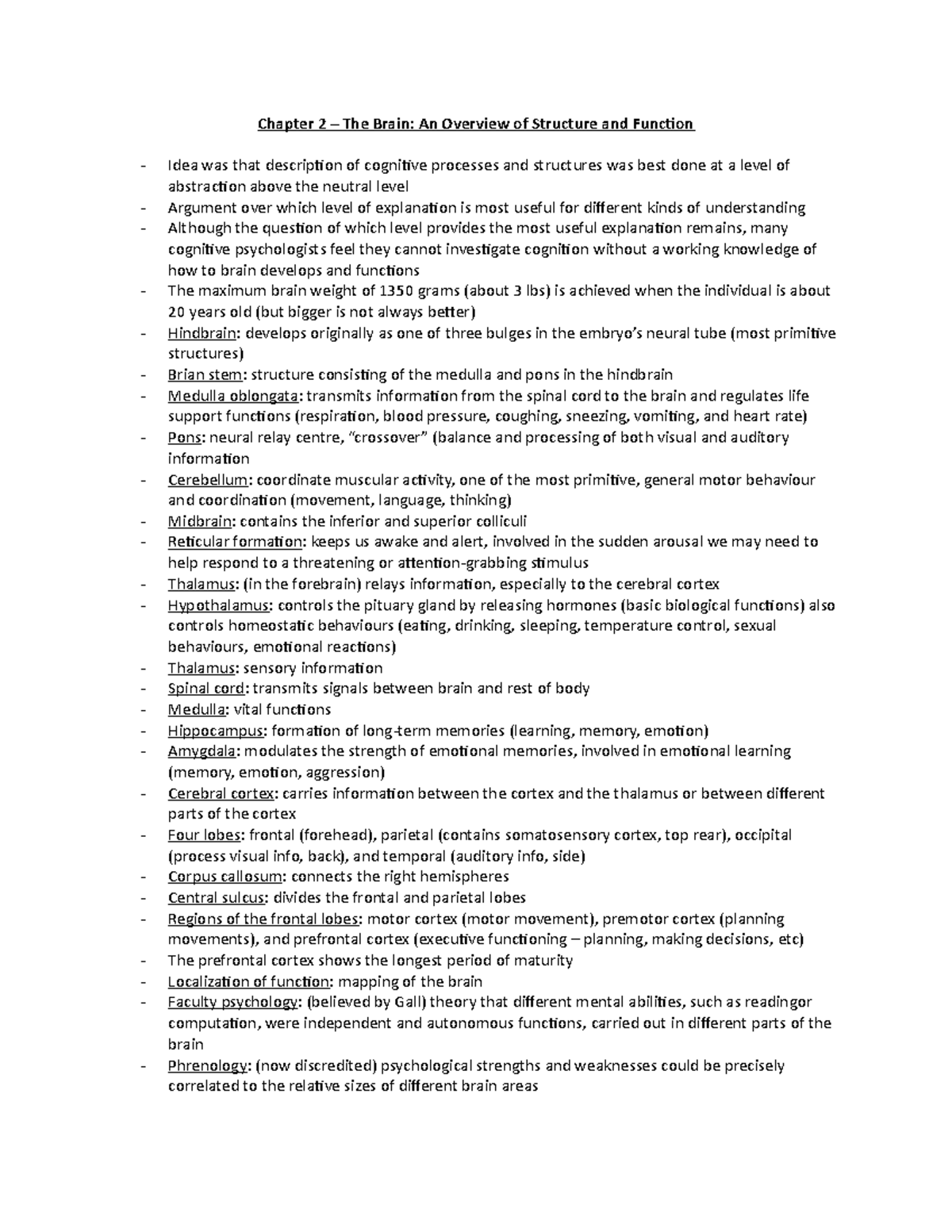 Psych 207 Chapter 2 - Lecture notes 2 - Chapter 2 – The Brain: An ...