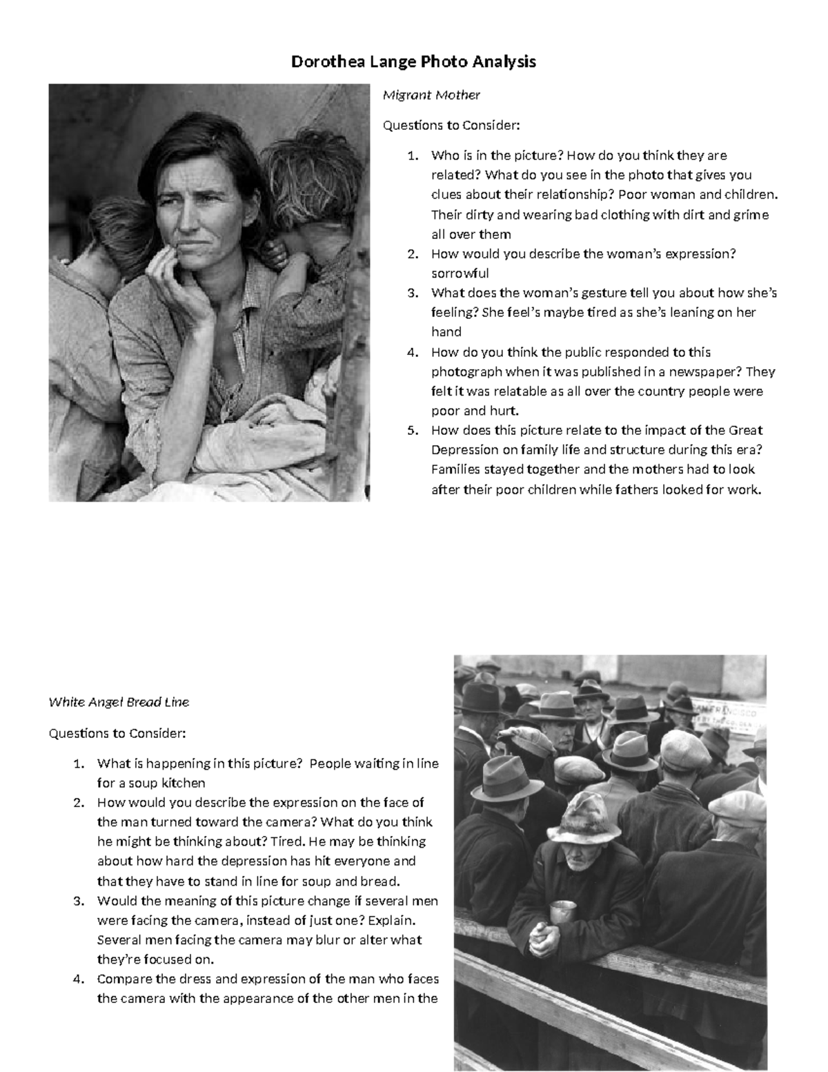Copy of Dorothea Lange Photo Activity - Dorothea Lange Photo Analysis ...