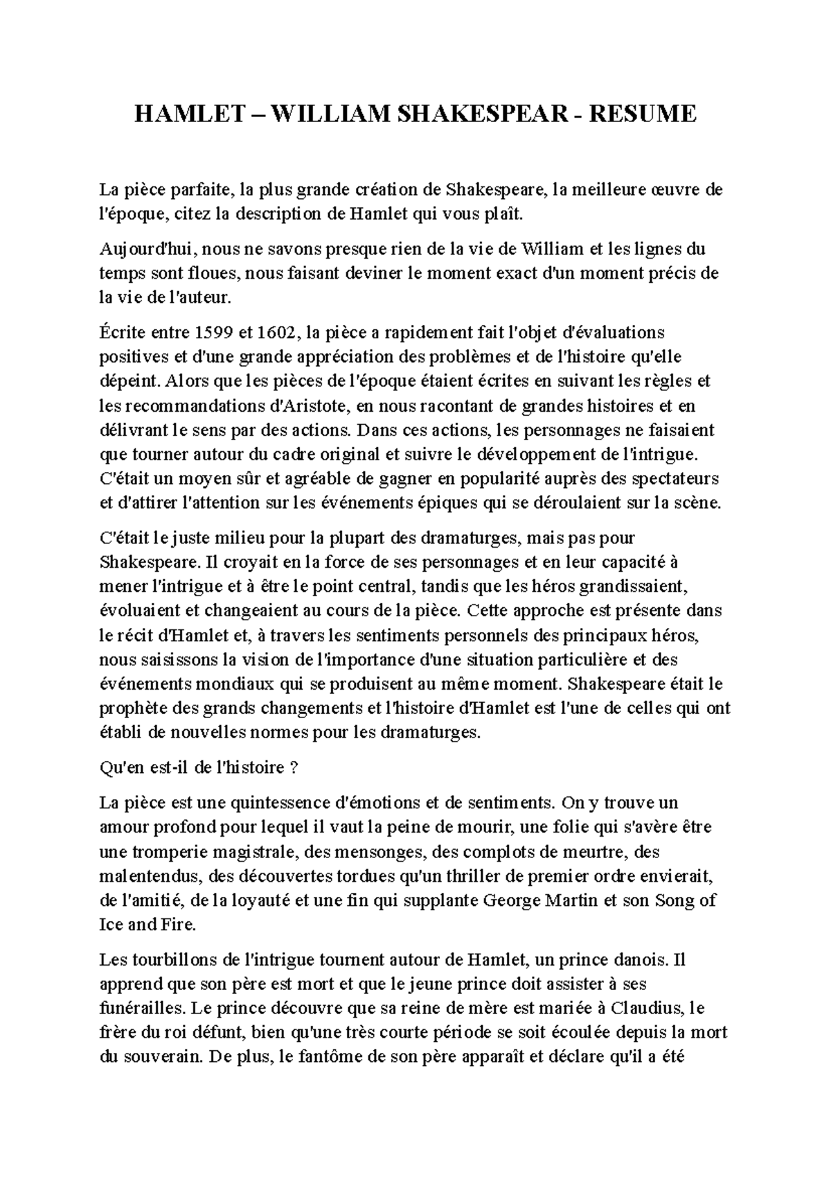 Hamlet -William Shakespeare - Résumé - HAMLET – WILLIAM SHAKESPEAR ...