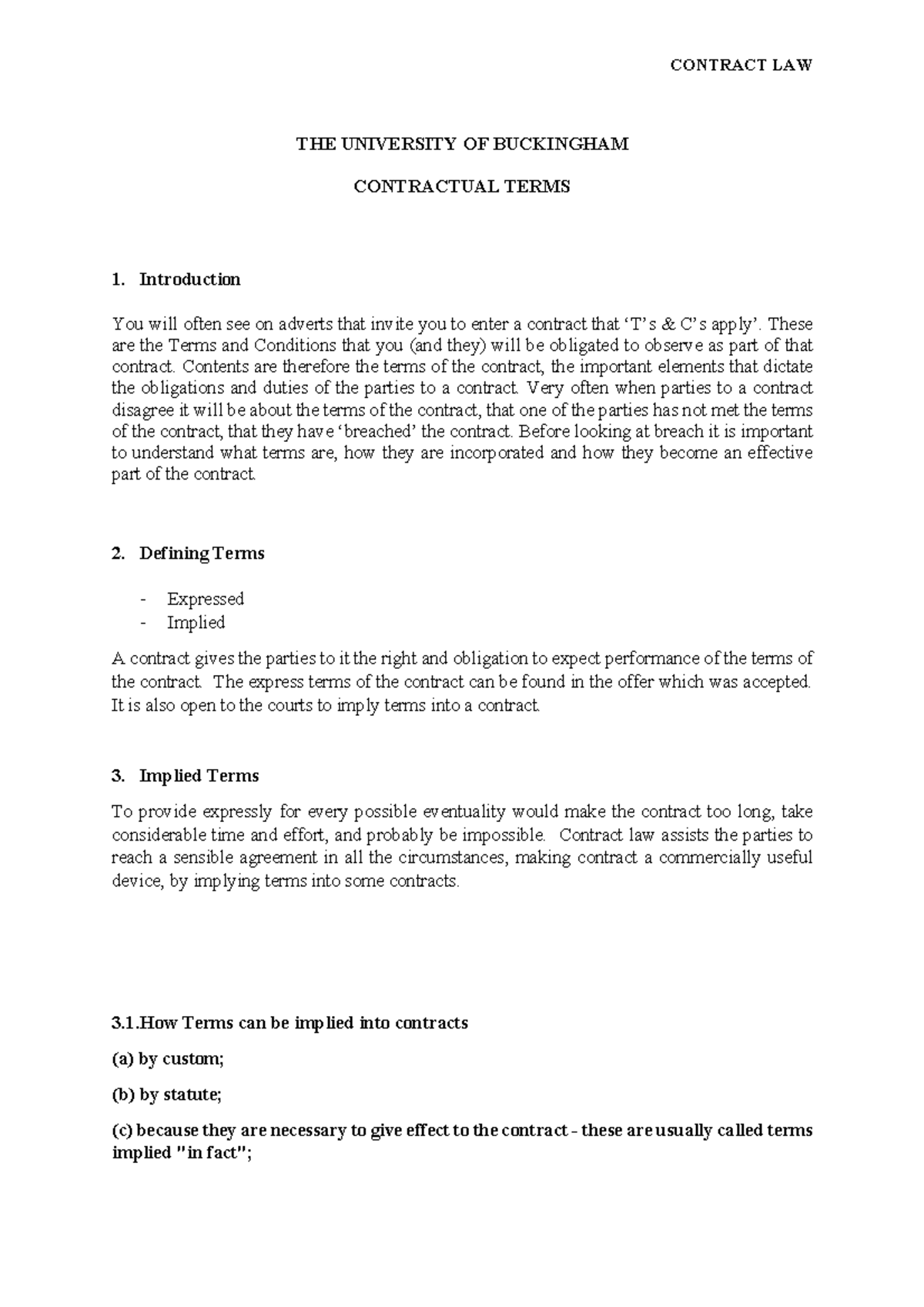 Contractual terms - University of Buckingham Contract law lecturers ...