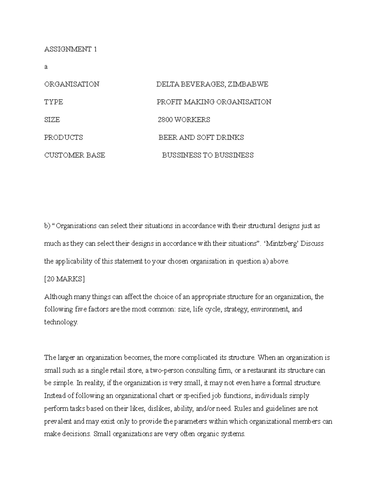302 - good - ASSIGNMENT 1 a ORGANISATION DELTA BEVERAGES, ZIMBABWE TYPE ...
