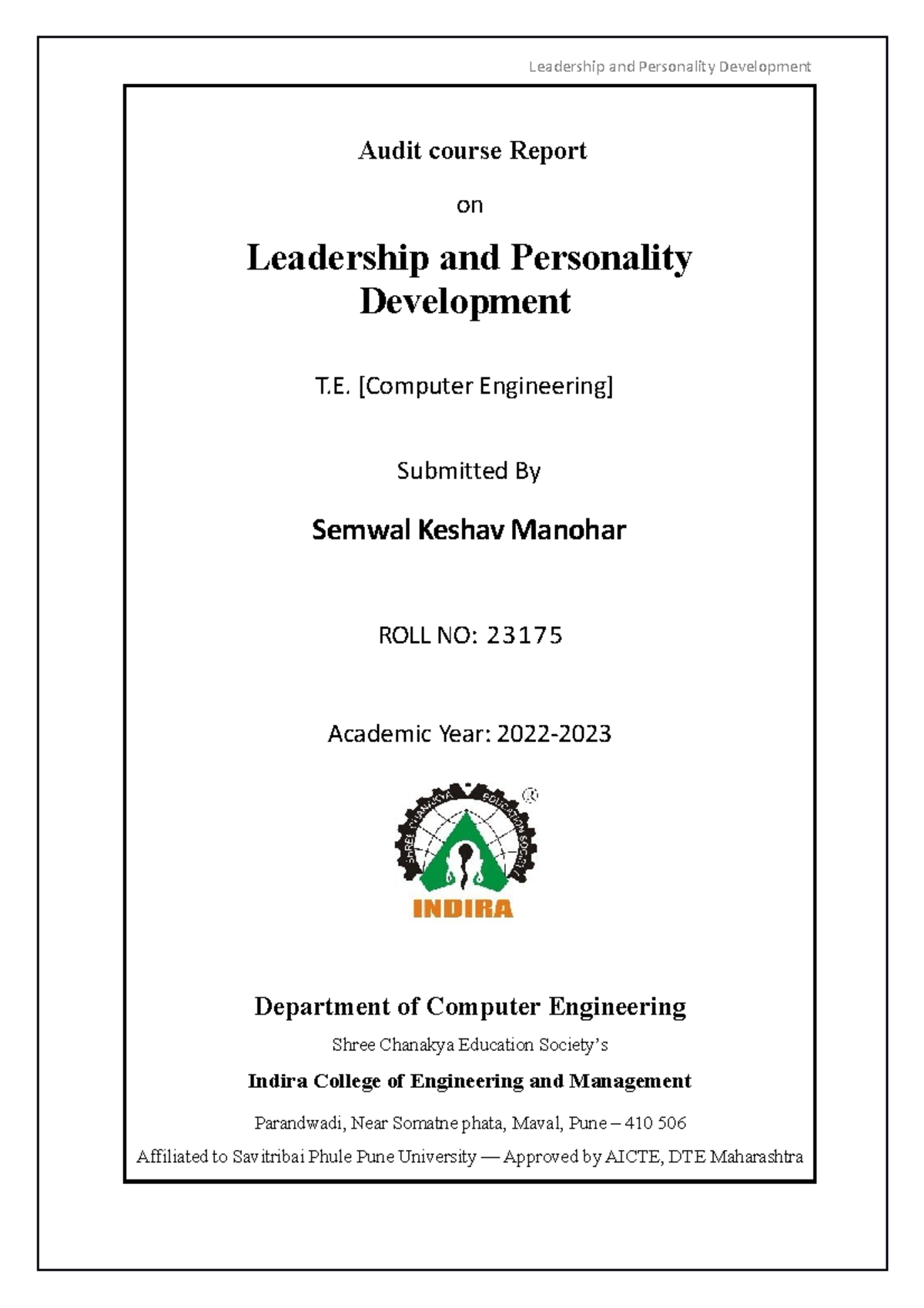Audit Course 23175 - Audit course Report on Leadership and Personality ...