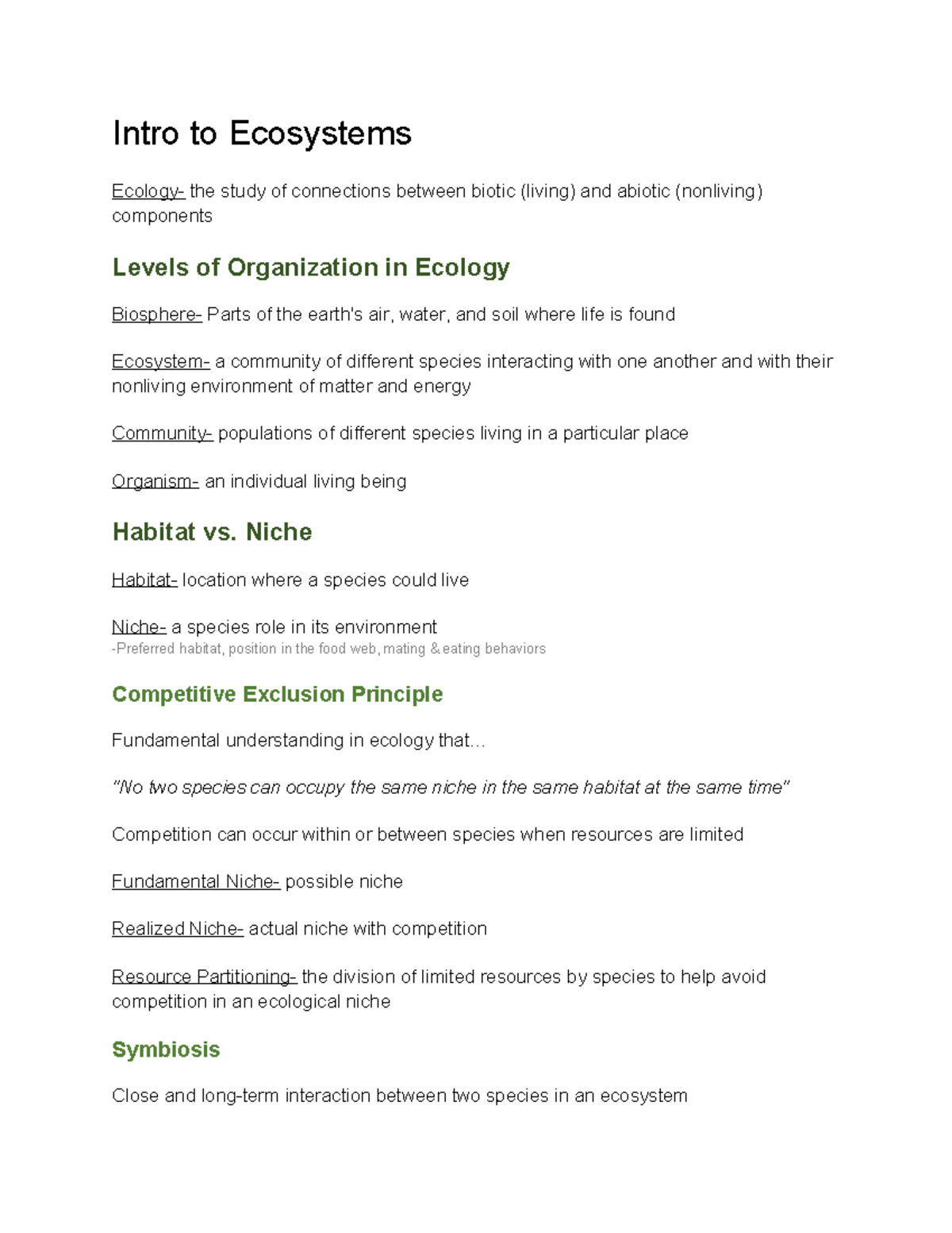 Unit 1 APES Notes - Intro to Ecosystems Ecology- the study of ...