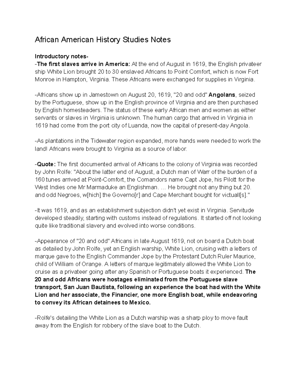 African American History Notes 1 - African American History Studies ...