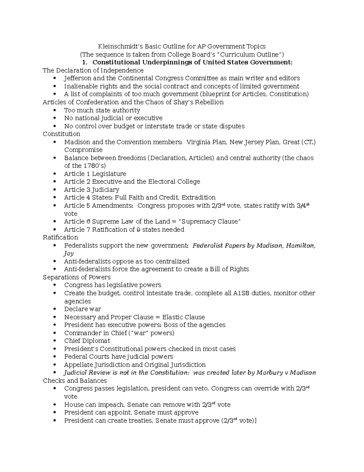 File 5 Basic Guide to AP Gov Topics - Kleinschmidt’s Basic Outline for ...
