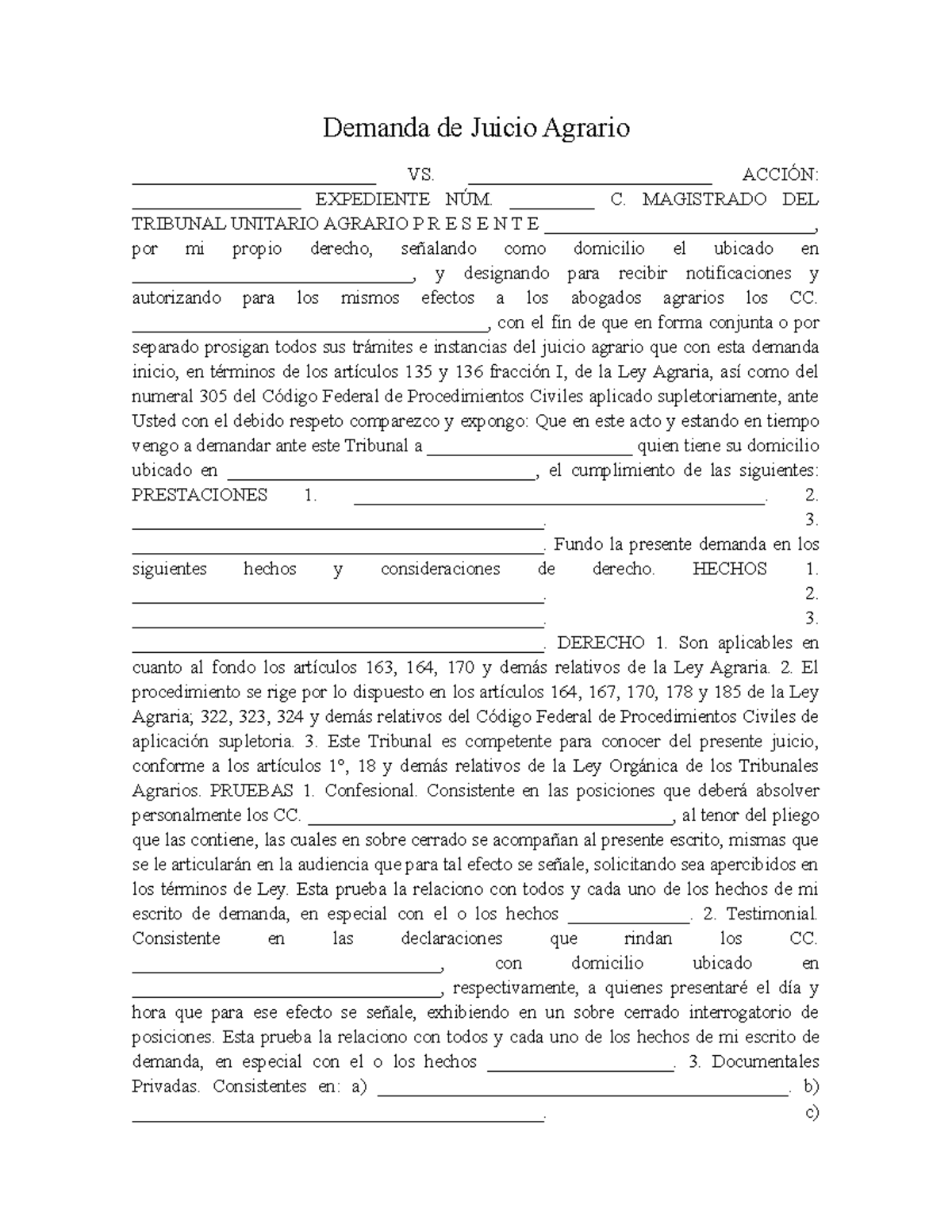 Demanda de Juicio Agrario y Tribunales Agrarios Unitarios de Distrito ...