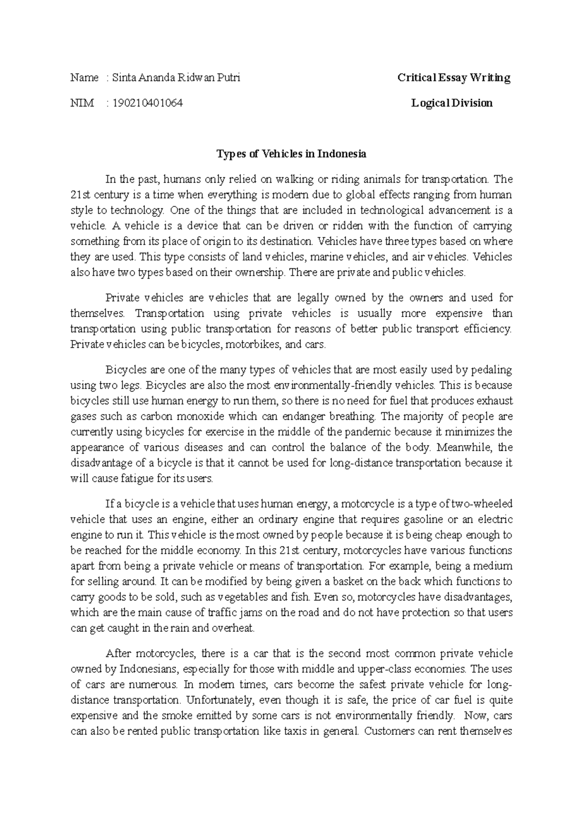 Essay Logical Division - Name : Sinta Ananda Ridwan Putri Critical ...