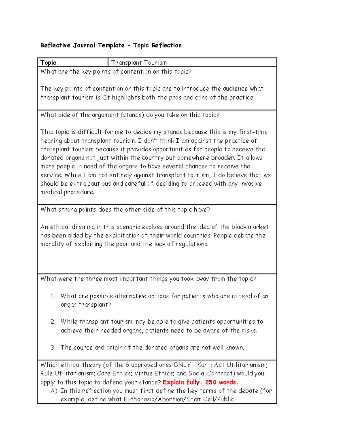 Transplant tourism reflective journal - Reflective Journal Template ...