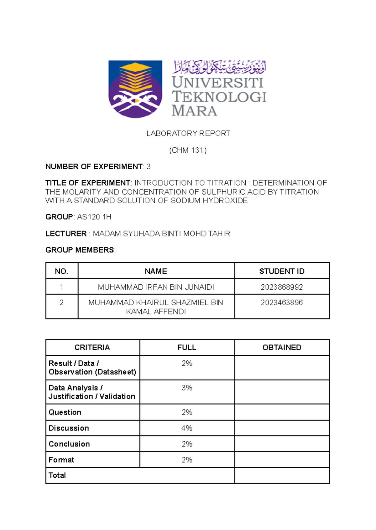 CHM 131 LAB Report 3 - LABORATORY REPORT (CHM 131) NUMBER OF EXPERIMENT ...