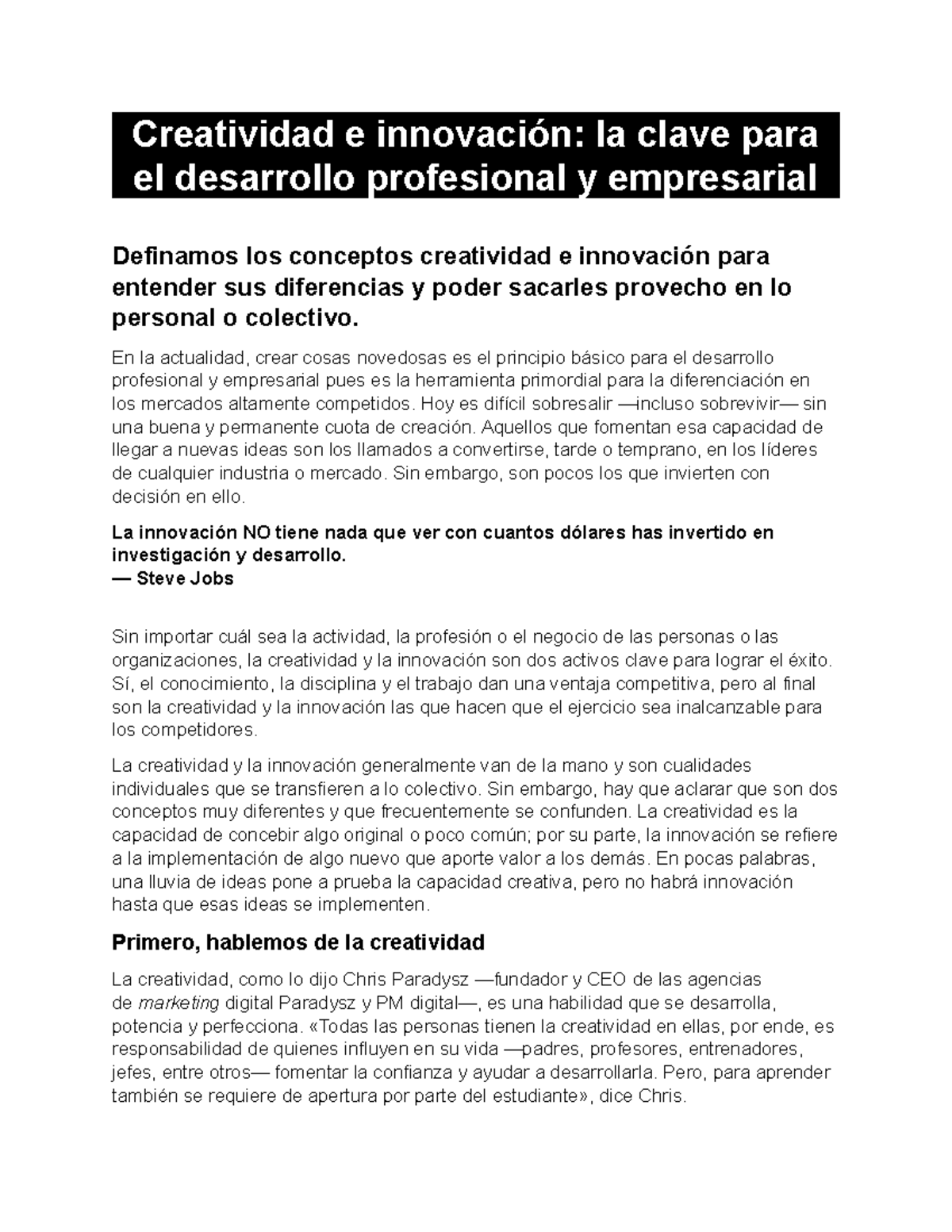 Tema 1b -Creatividad e innovacion empresarial - Creatividad e innovación: la clave para el - Studocu