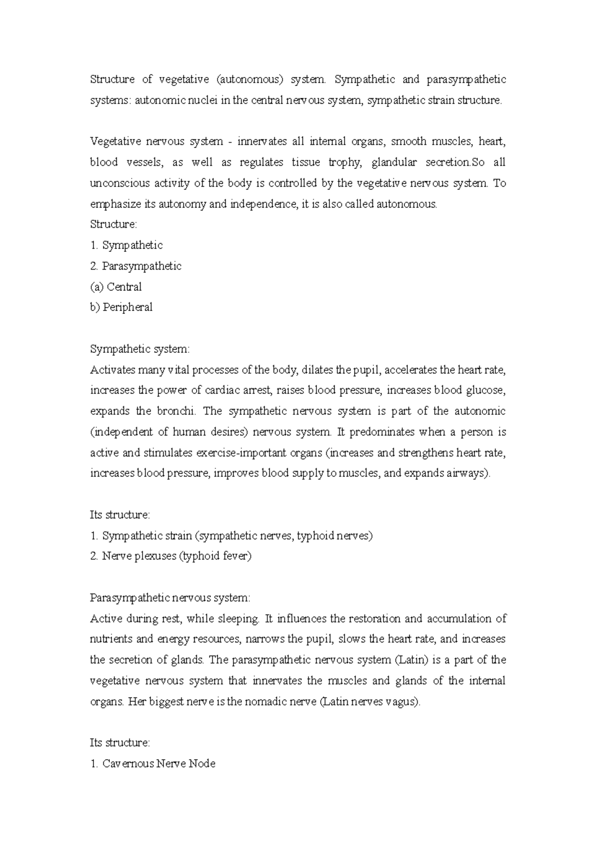 Structure of vegetative (autonomous) system. Sympathetic and ...