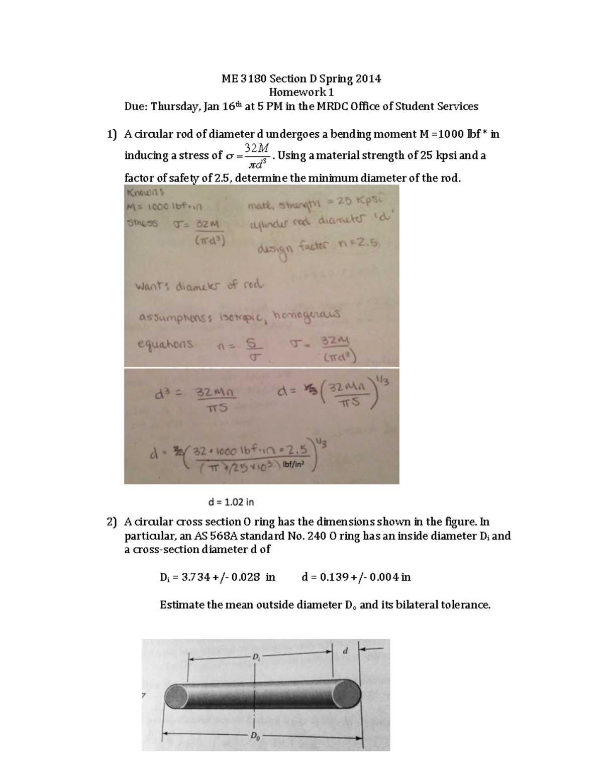 HW1+Solution+2014 - Homework Solutions - ME 3180 Section D Spring 2014 Homework 1 Due: Thursday ...