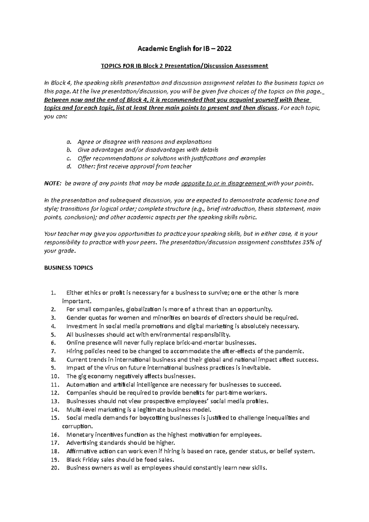 Academic English 25 topics assignment - Academic English for IB – 2022 ...