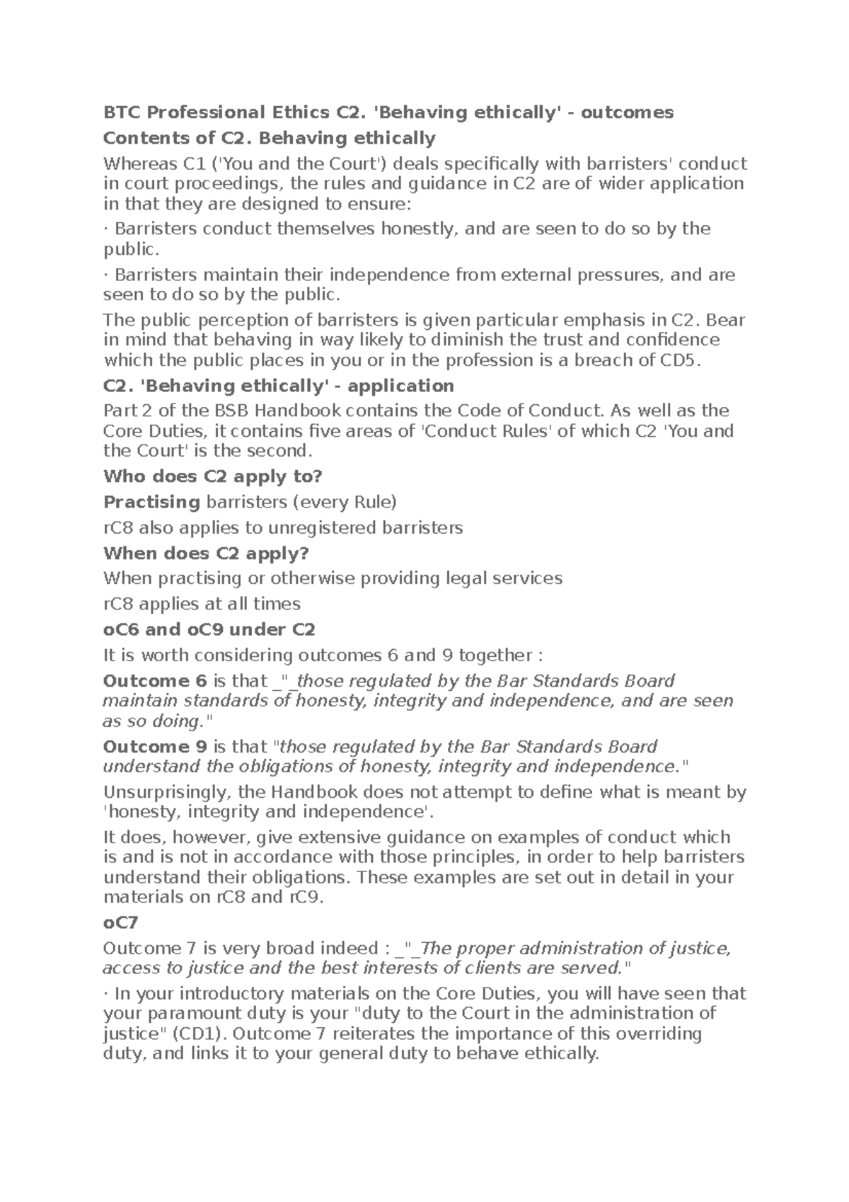 Professional Ethics 6 - 'Behaving ethically' - outcomes Contents of C2 ...