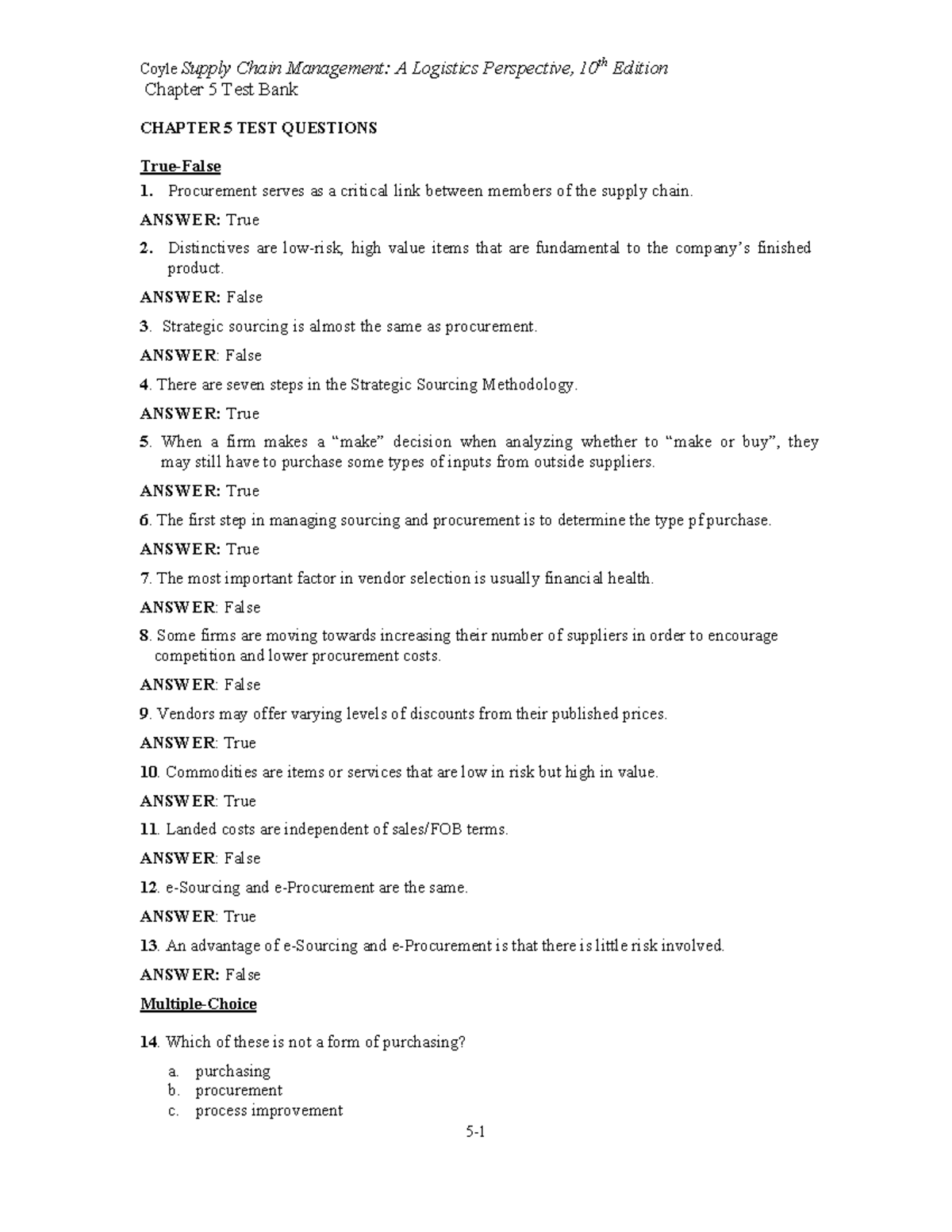 Ch. 5 - 10e test questions - Chapter 5 Test Bank CHAPTER 5 TEST ...