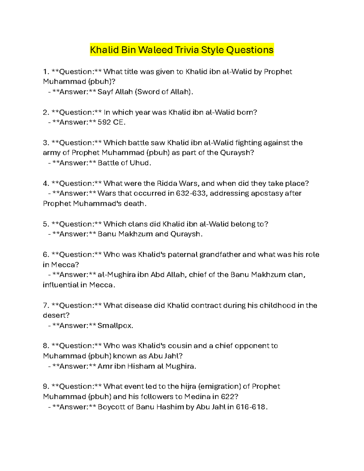 Khalid Bin Waleed Trivia Style Questions - Khalid Bin Waleed Trivia ...