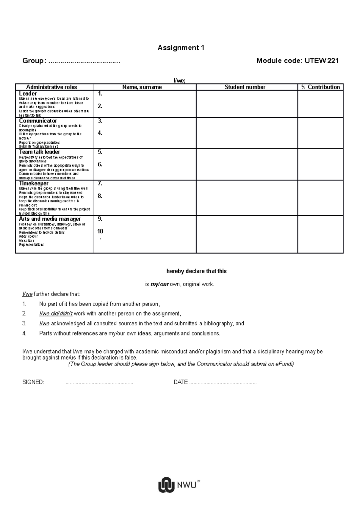 UTEW 221 - Cover page - Voorblad - Assignment 1, Opdrag 1 - Assignment 1 Group: - Studocu