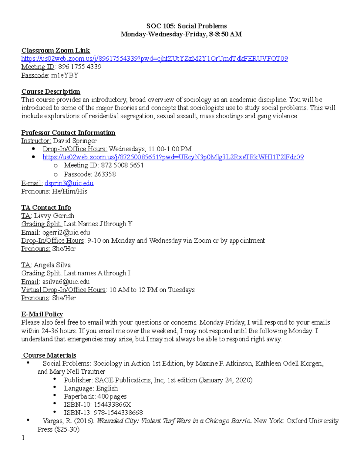 SOC 105 Syllabus [Spring 2022] - SOC 105: Social Problems Monday ...