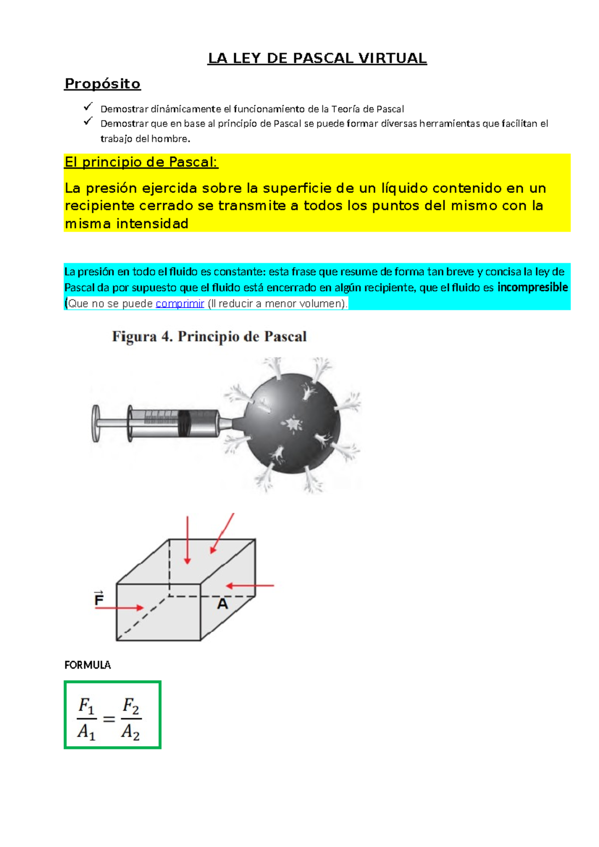 LA LEY DE Pascal Virtual - LA LEY DE PASCAL VIRTUAL Propósito Demostrar dinámicamente el - Studocu