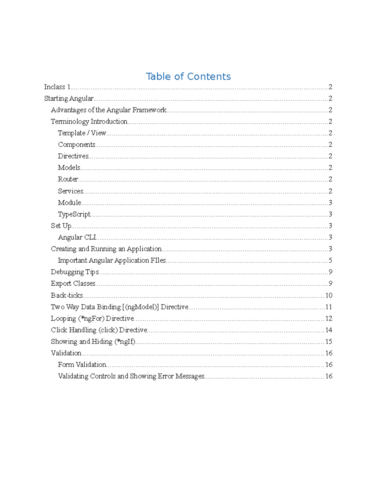 Angular&Vue Part inclass 1 - Table of Contents Inclass - Studocu