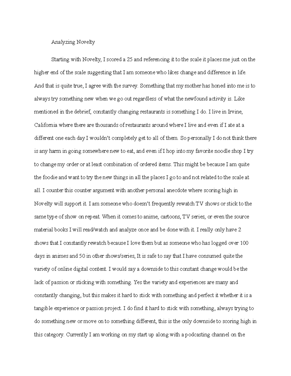 Tolerance for Ambiguity Scale Profile Analysis I - Analyzing Novelty ...