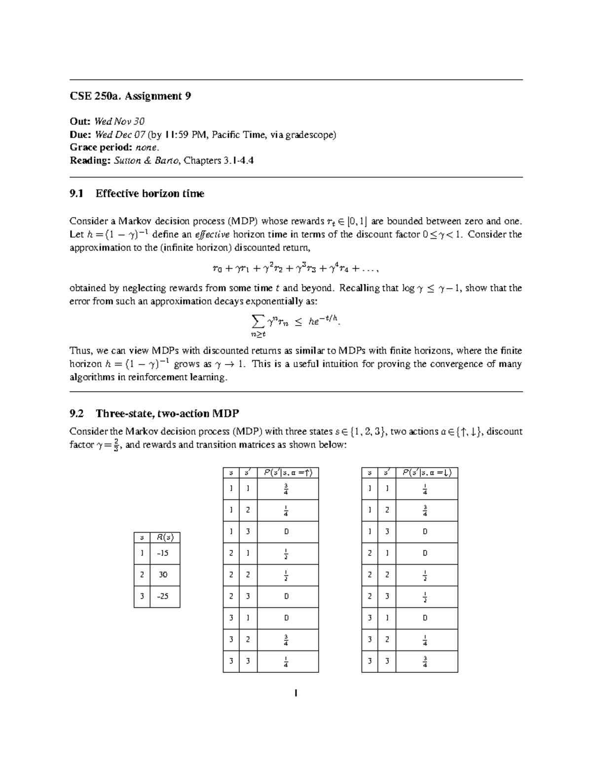 CSE 250A Assignment 9 - CSE 250a. Assignment 9 Out: Wed Nov 30 Due: Wed Dec 07 (by 11:59 PM ...