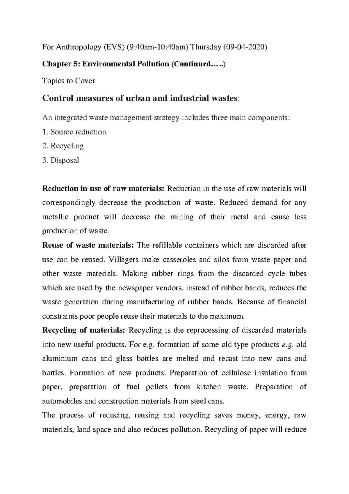 EVS Week 4 lectures - Msns - For Anthropology (EVS) (9:40am-10:40am) Thursday (09-04-2020 ...