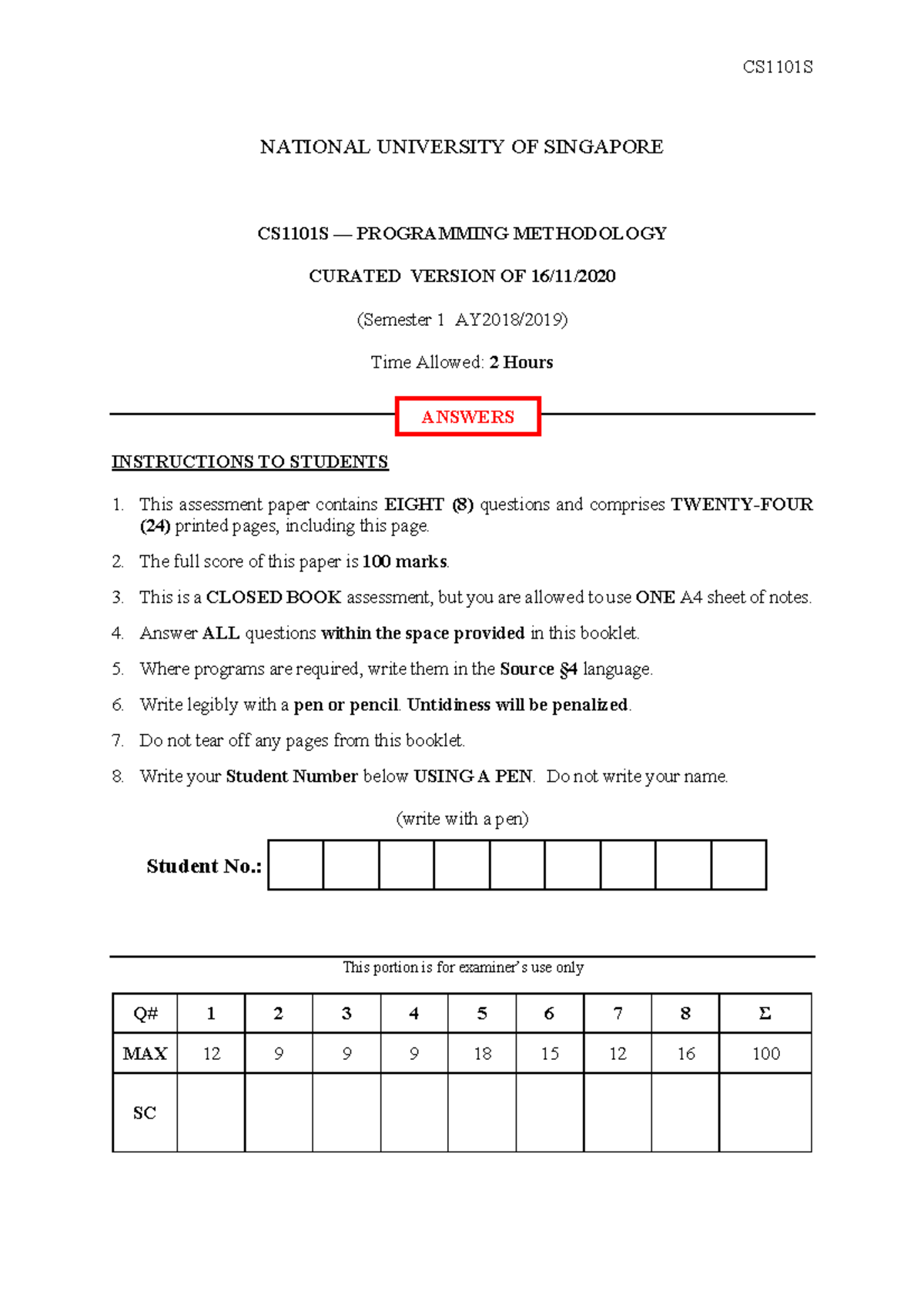 Exam 2018, answers - NATIONAL UNIVERSITY OF SINGAPORE CS1101S ...