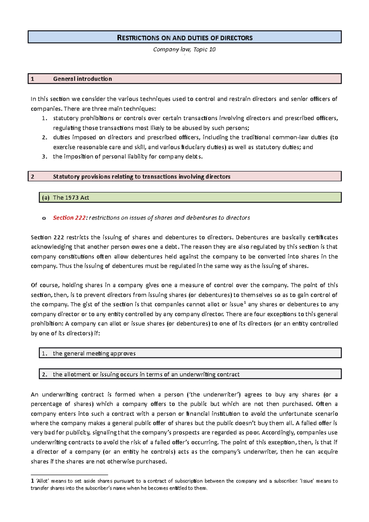 Second semester - RESTRICTIONS ON AND DUTIES OF DIRECTORS Company law ...