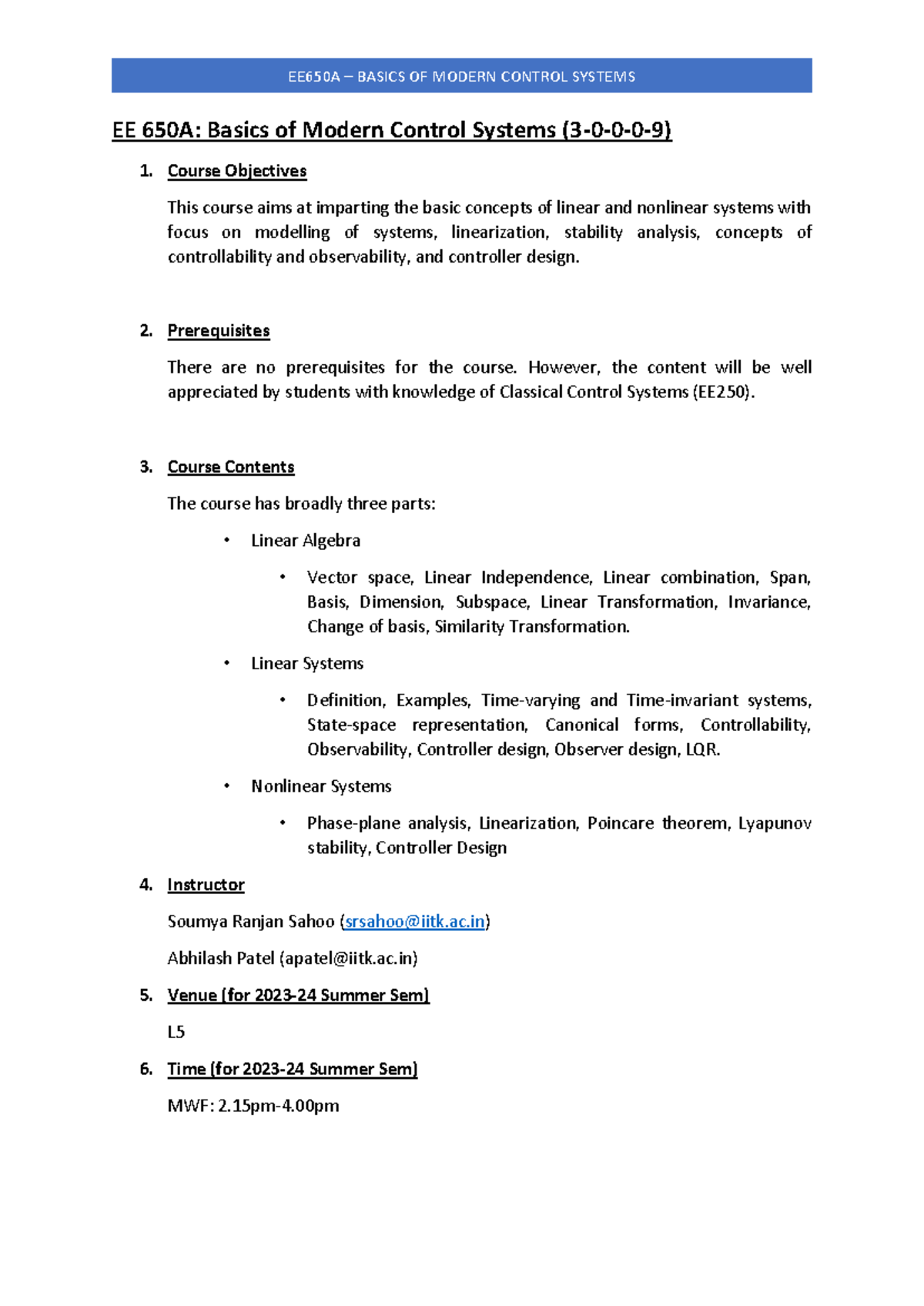 Course Sheet EE650 A - FCH - EE650A – BASICS OF MODERN CONTROL SYSTEMS EE 650A: Basics of Modern ...