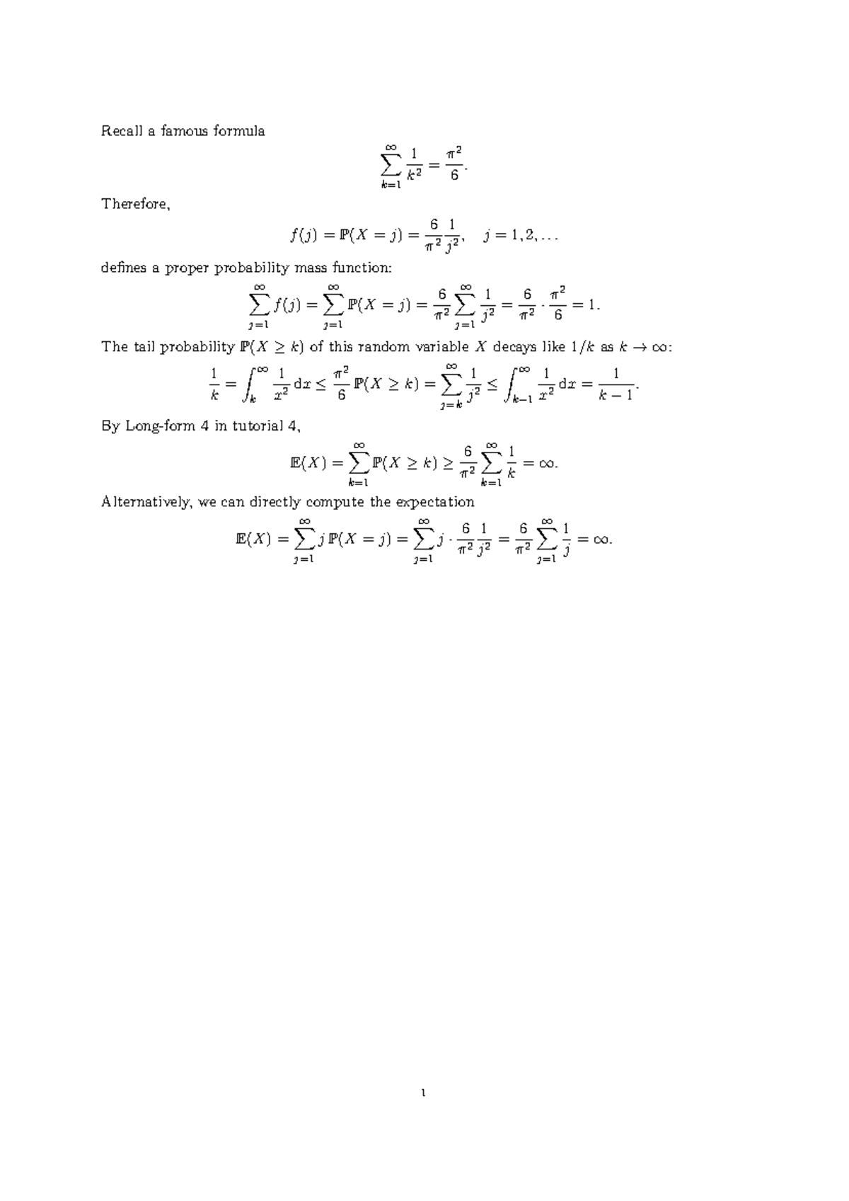 Heavy tail - Recall a famous formula ∑∞ k= 1 k 2 = π 2 6. Therefore, f ...