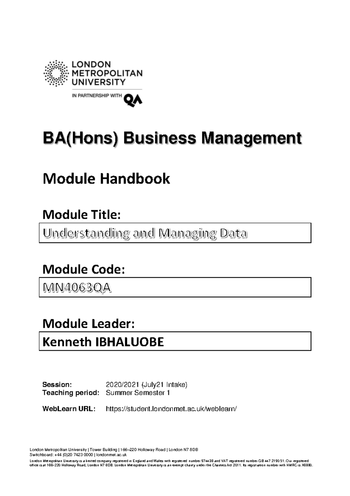 MN4063QA Module Handbook July21 - London Metropolitan University ...