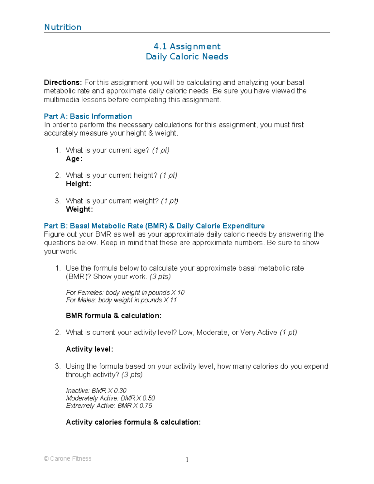 health and wellness - Nutrition 4 Assignment Daily Caloric Needs ...